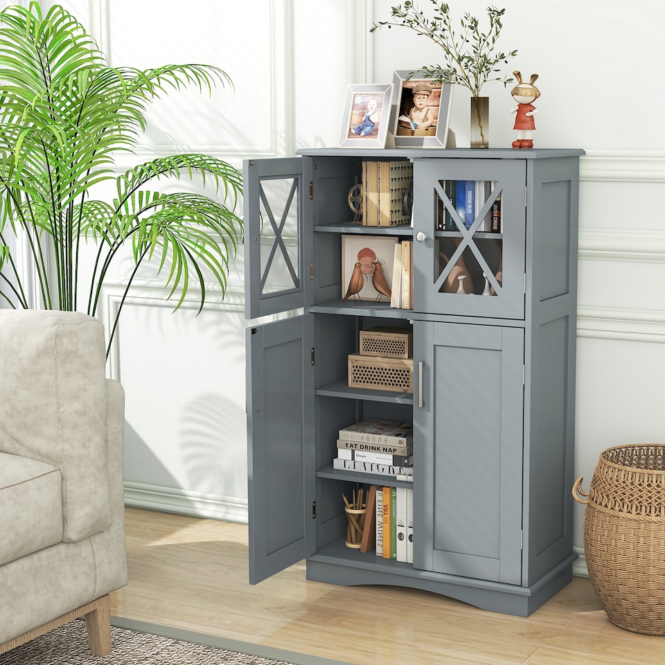 COSTWAY Bathroom Storage Cabinet Linen Storage Cabinet with Doors-Grey ...