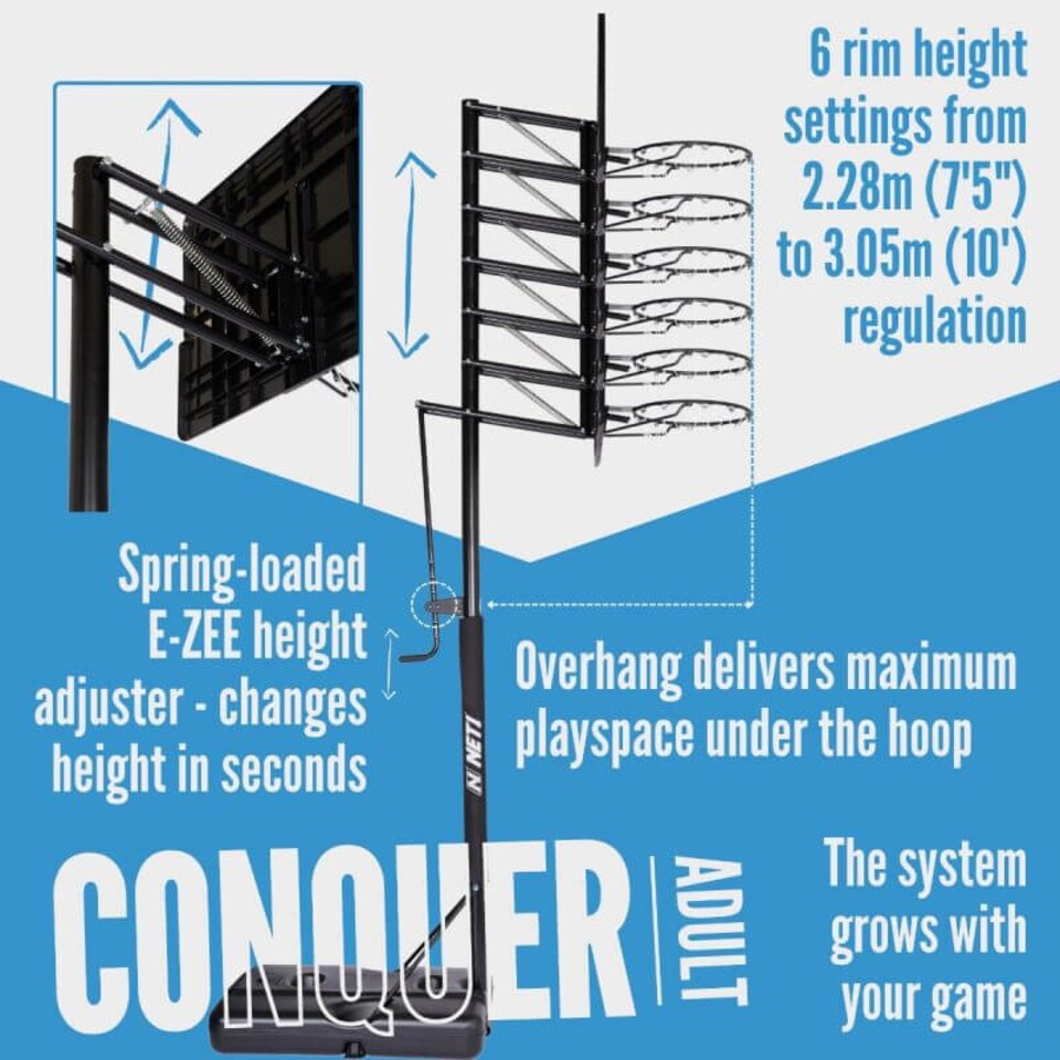 NET1 Conquer Pro Adjustable Basketball Hoop — 111×71 cm Backboard, 145 L Portable Base, Black ...