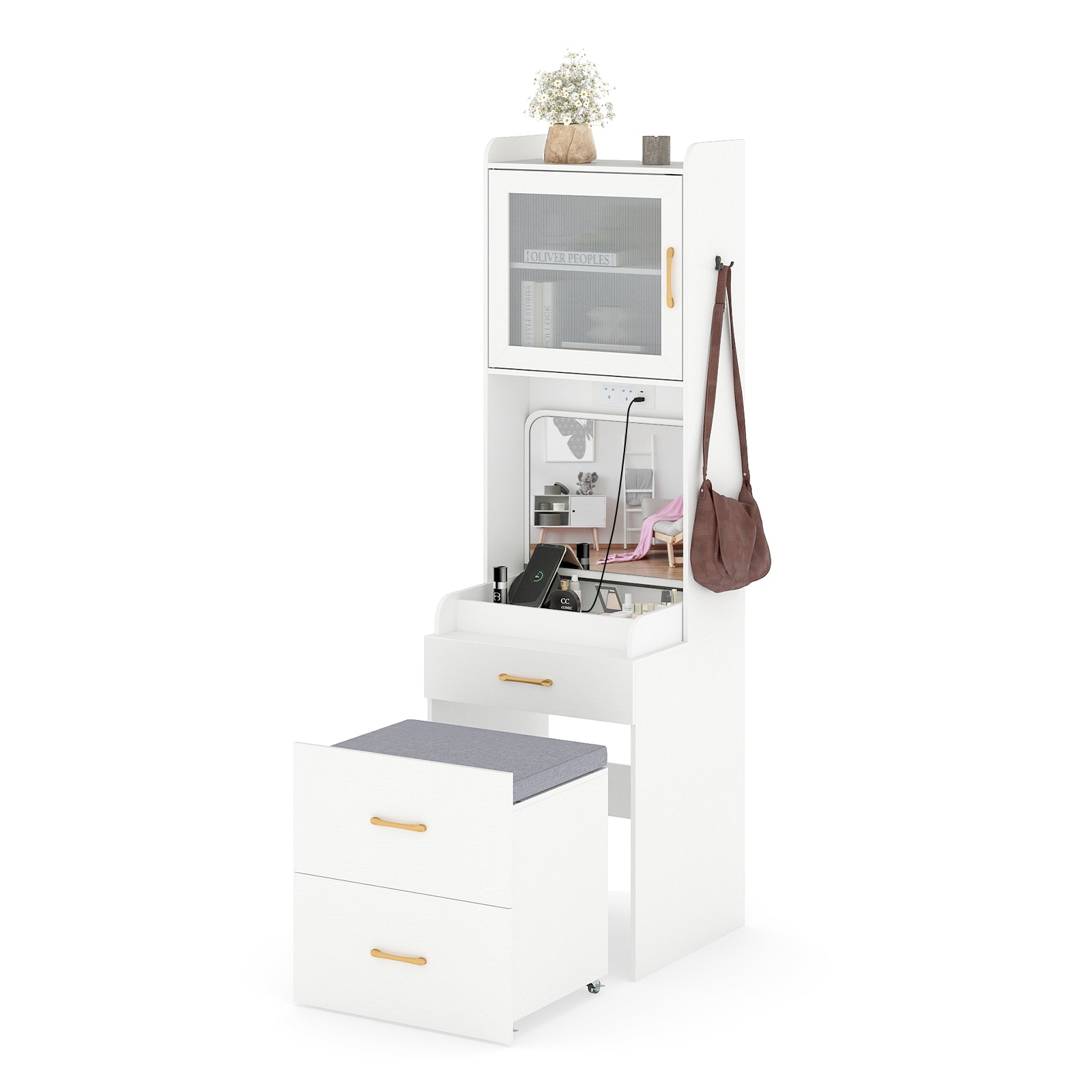COSTWAY Vanity Desk with Movable Storage Stool Flip up Mirror White ...
