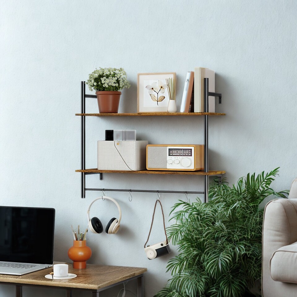 2 Tier Wall Mounted Floating Shelf With Hanging Rail and Hooks - Tesco ...