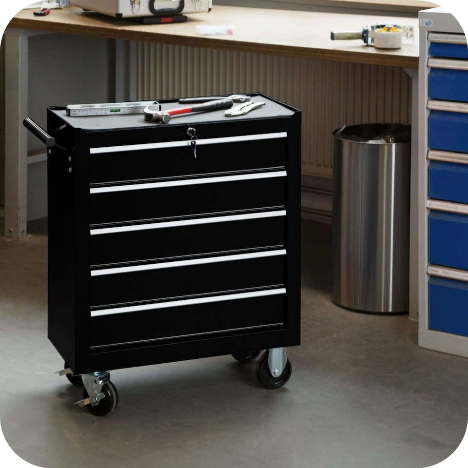 Tool Chest - with wheels, 5 drawers, central locking system Black ...