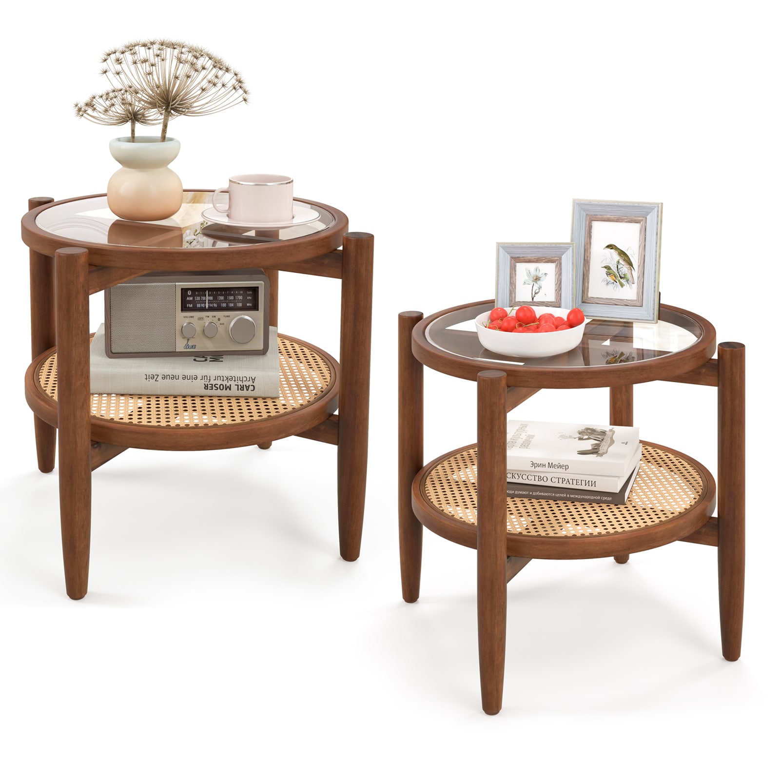 COSTWAY 2 Tier Round Side End Table PE Rattan Coffee Table Set of 2 ...