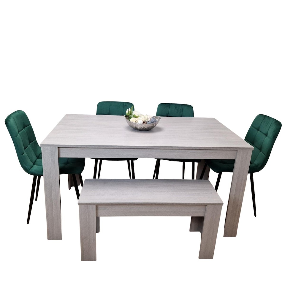 Modern Grey Rectangle Dining Table Set With 4 Green Velvet Chairs And 1 ...