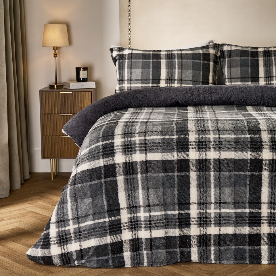 OHS Tartan Check Teddy Fleece Thermal Duvet Cover Bedding Set | Grey ...