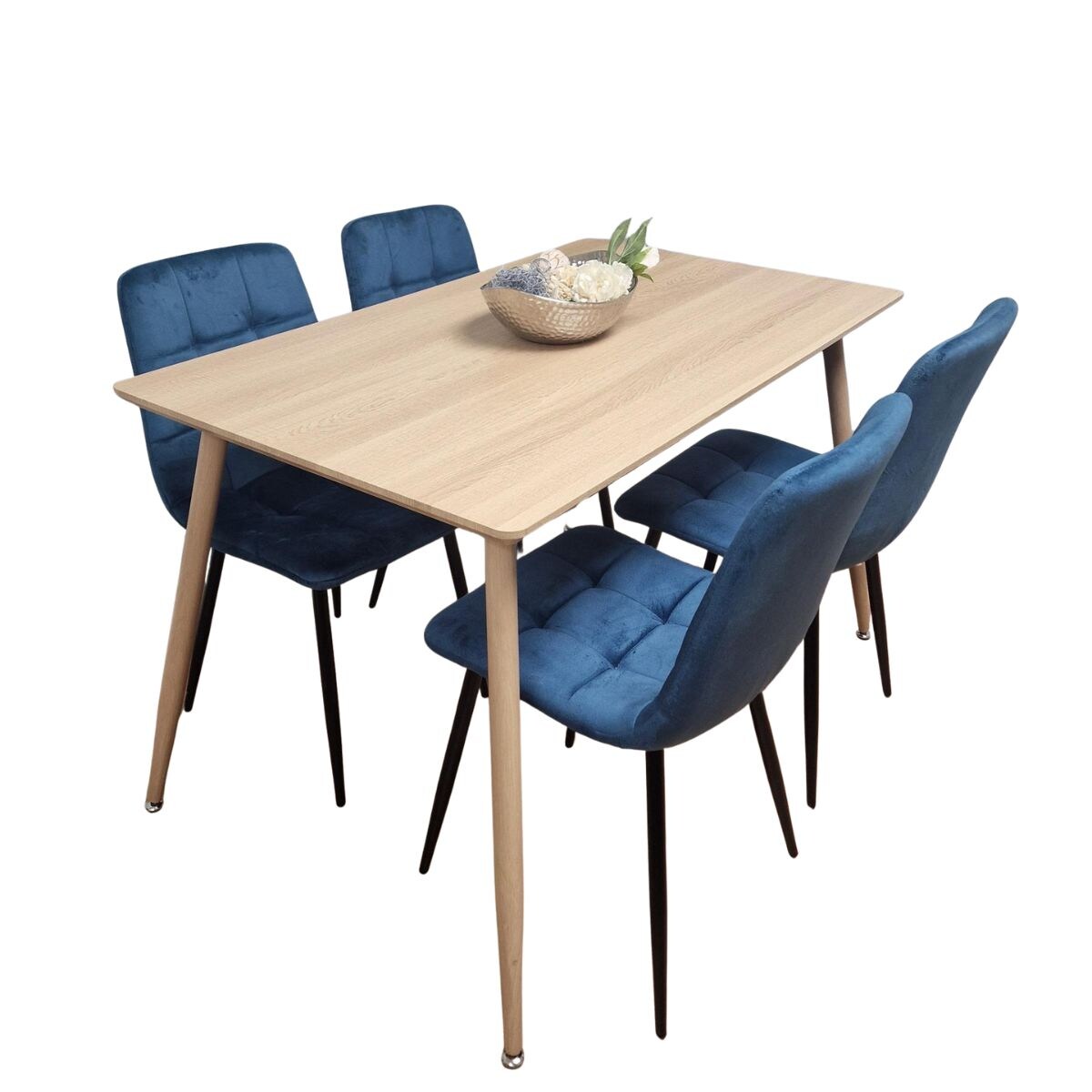 Wooden oak Effect Dining Table Set with 4 Blue velvet Chairs Dining ...