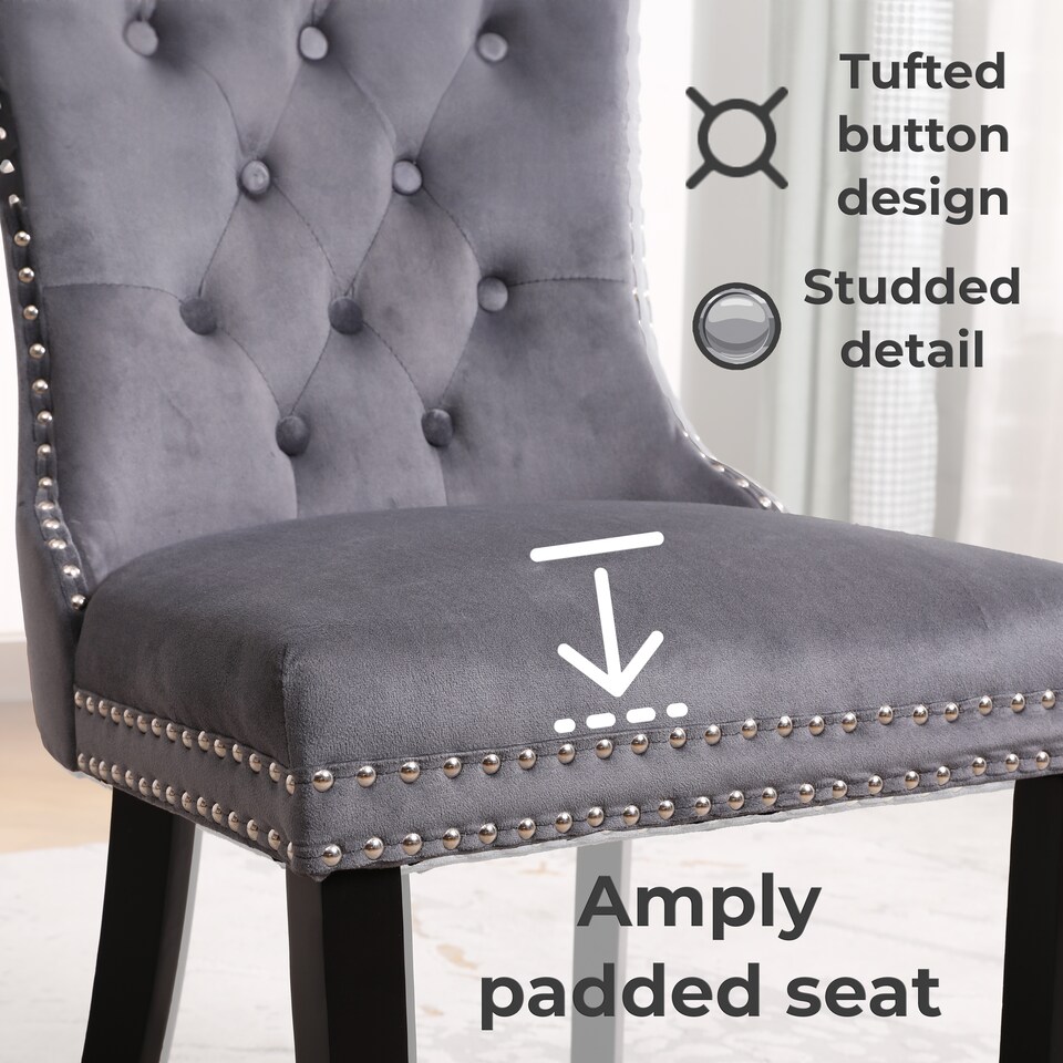 Neo Set Of Two Dark Grey Studded Velvet Dining Table Chair with Ring ...