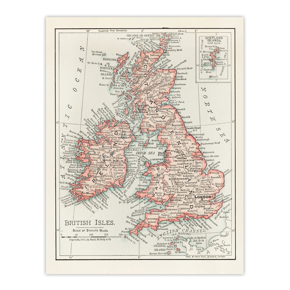 1900 British Isles Map Rand Mcnally Vintage Wall Art Poster Print 12X16 ...