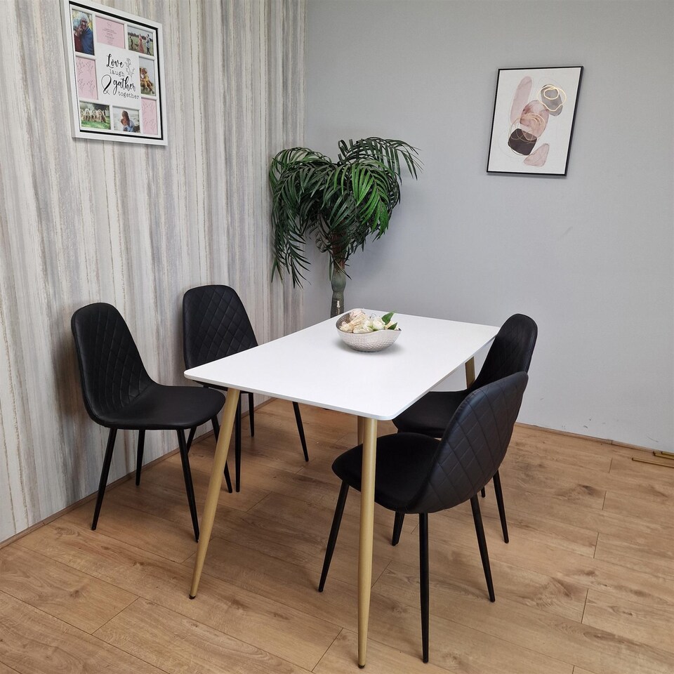 Dining Table Set of 4 Wooden White Table with 4 Black Faux Leather ...