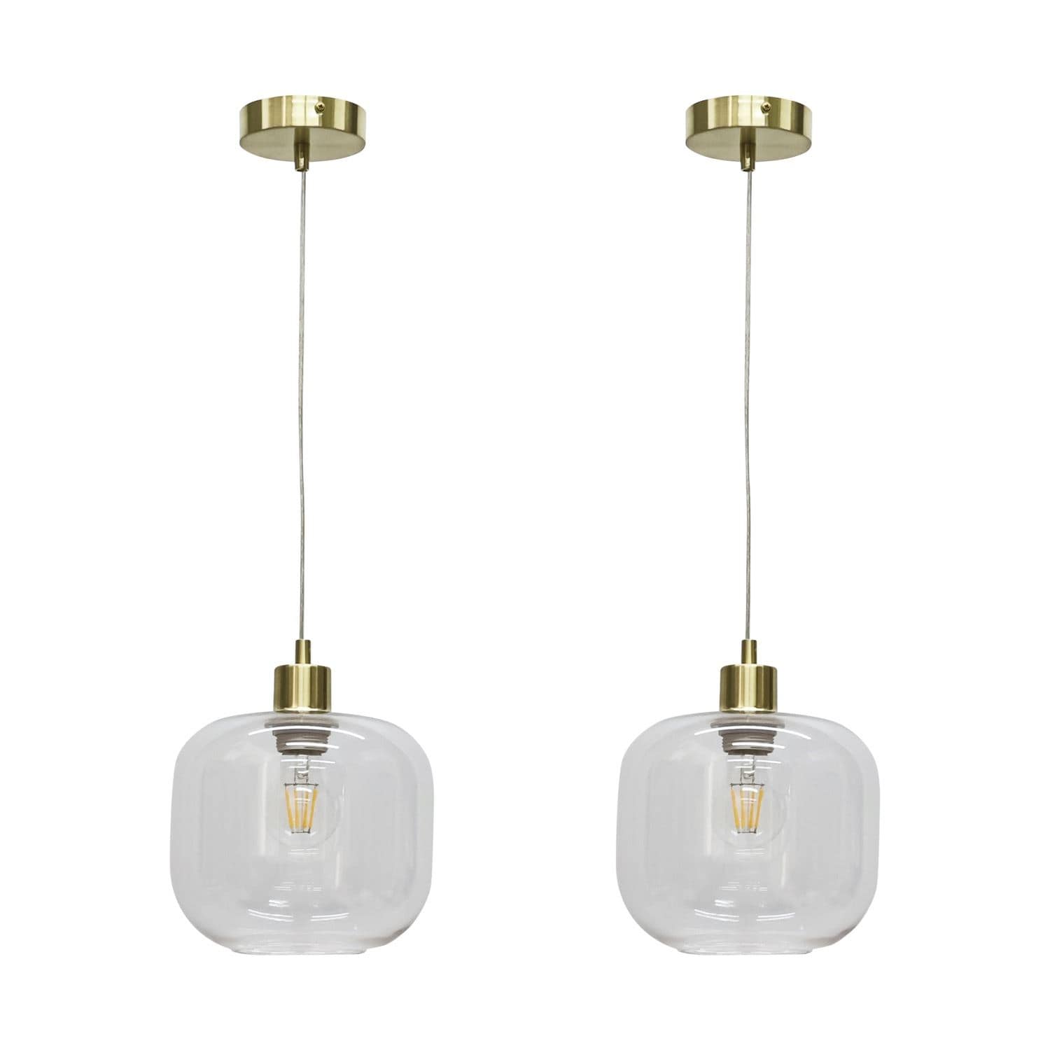 Set of 2 Bletch - Clear Glass with Satin Brass Pendant Fittings | Clear ...