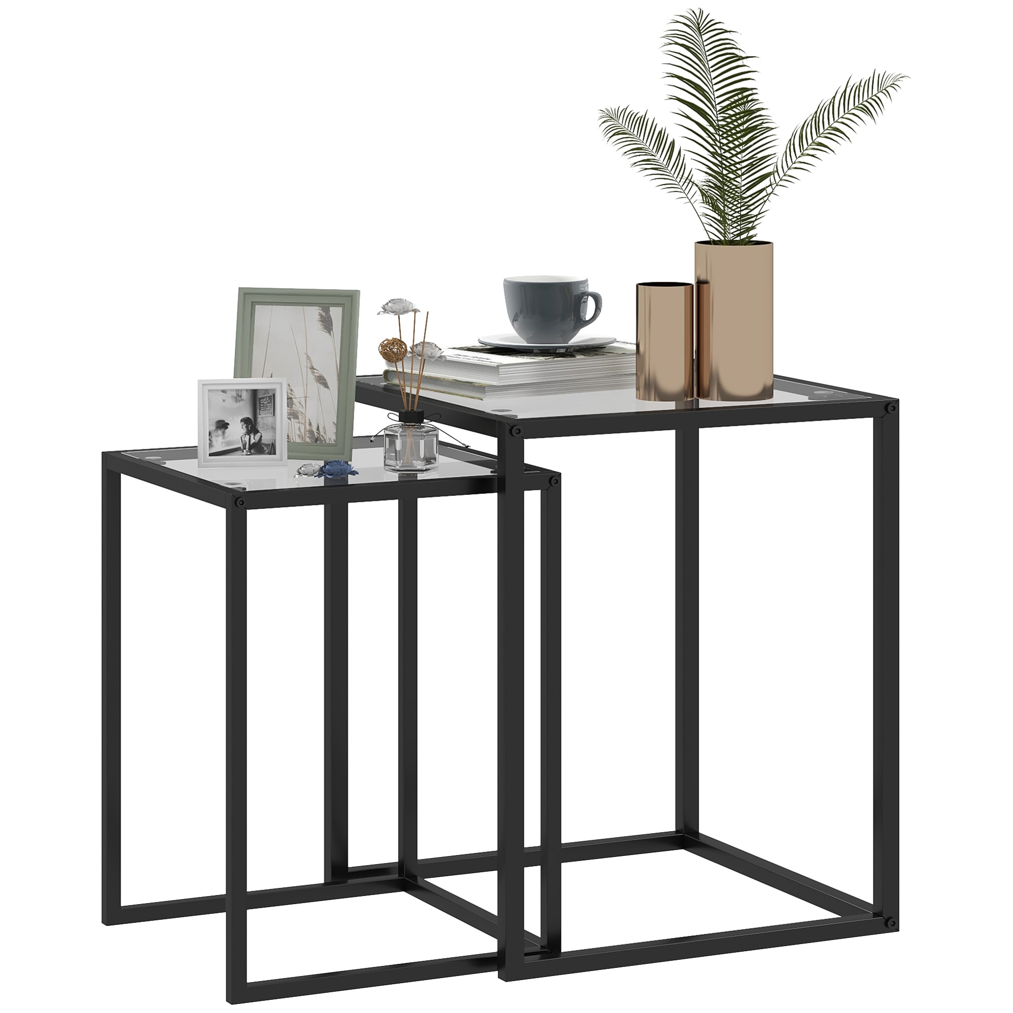 HOMCOM Nesting Tables Set of 2, Side End Table with Tempered Glass Top ...
