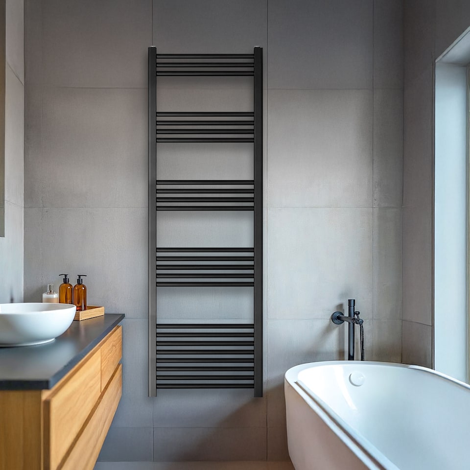 Straight Heated Towel Rail Radiator, 1080W, 600 x 1600mm, Matt Black ...