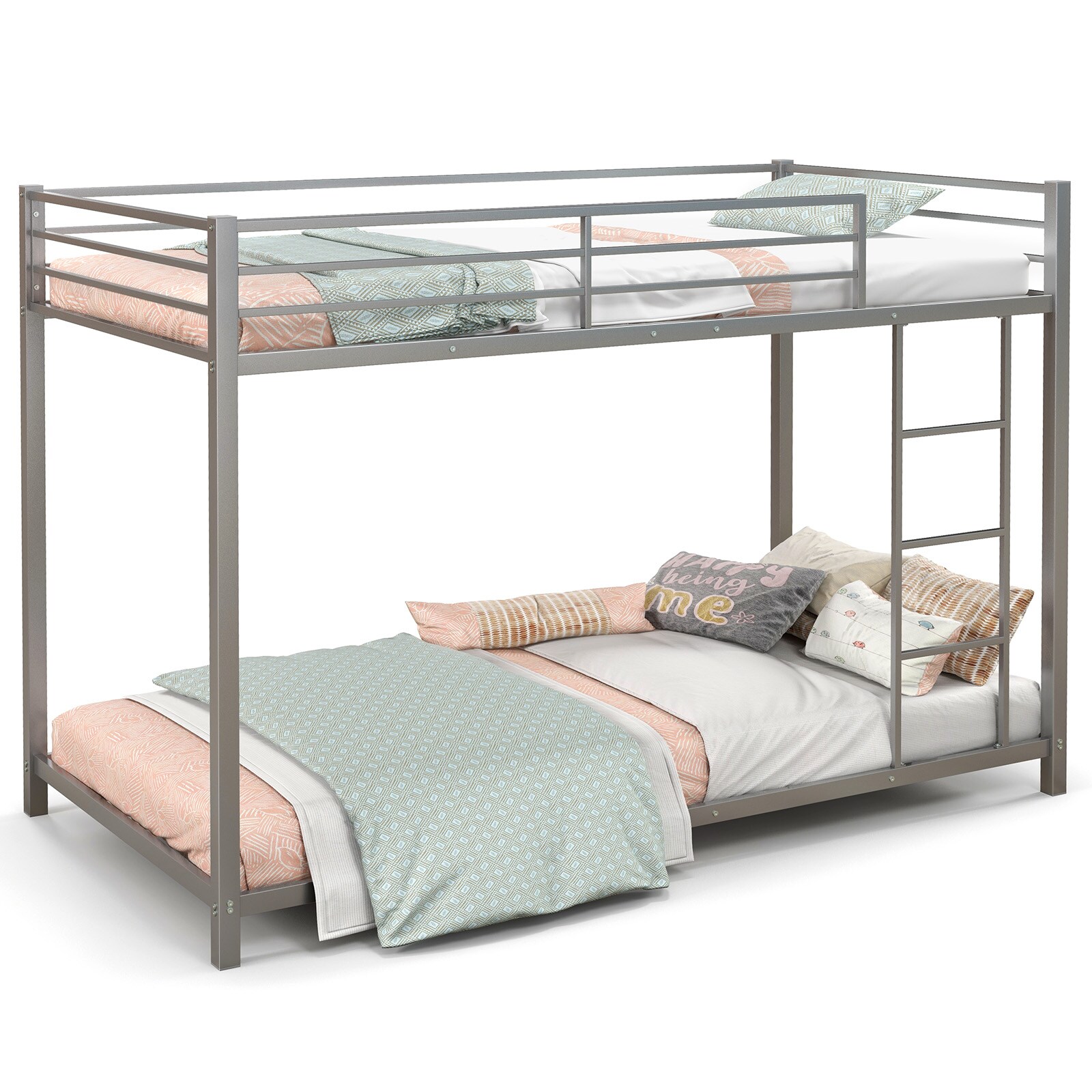 COSTWAY Metal Bunk Bed Low Profile Single Over Single Bunk Beds Ladder ...
