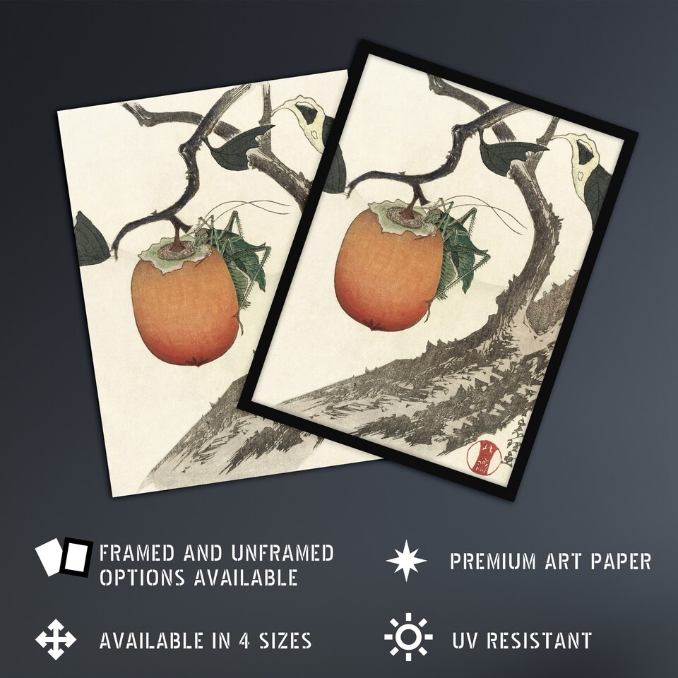 Persimmon Fruit Grasshopper Vintage Japan Wall Art Print Hokusai 18x24 ...