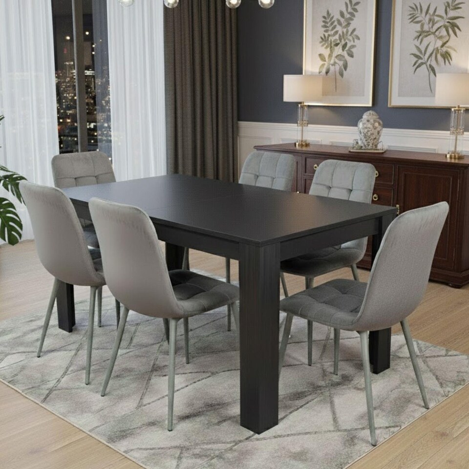 Arrow Charcoal Dining Table Set With 6 Grey Velvet Chairs Dining Room ...