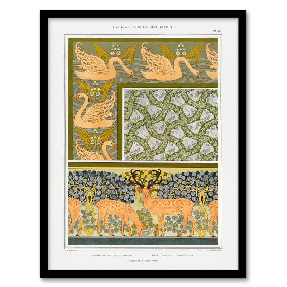 Maurice Pillard Verneuil Framed Wall Art Swans Butterflies and Deer ...