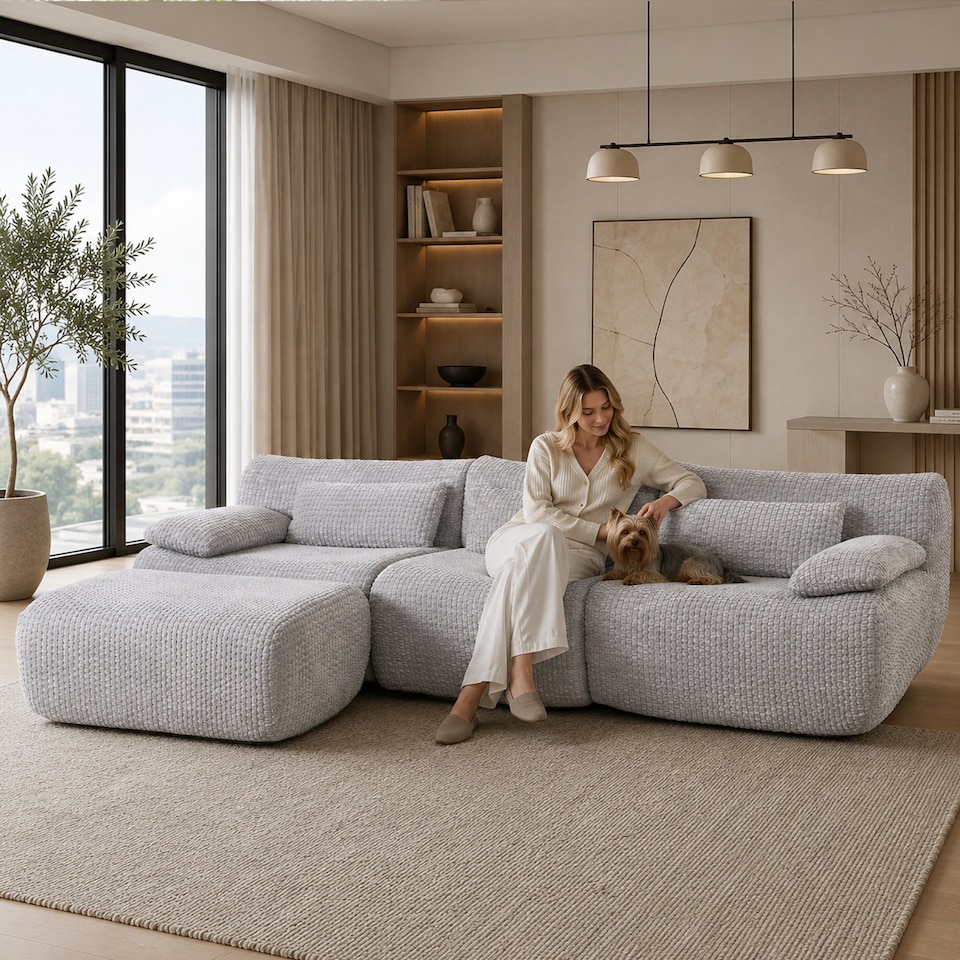 Modular Corduroy Fabric Sofa Set with Ottoman, Curved Seat Design ...