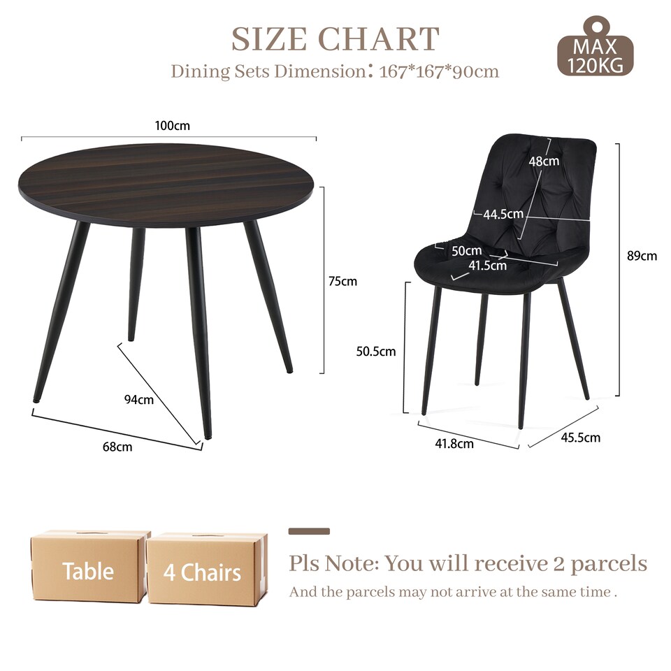 SONARA Modern Round Dark Walnut Dining Table with Velvet Chairs, 4 ...