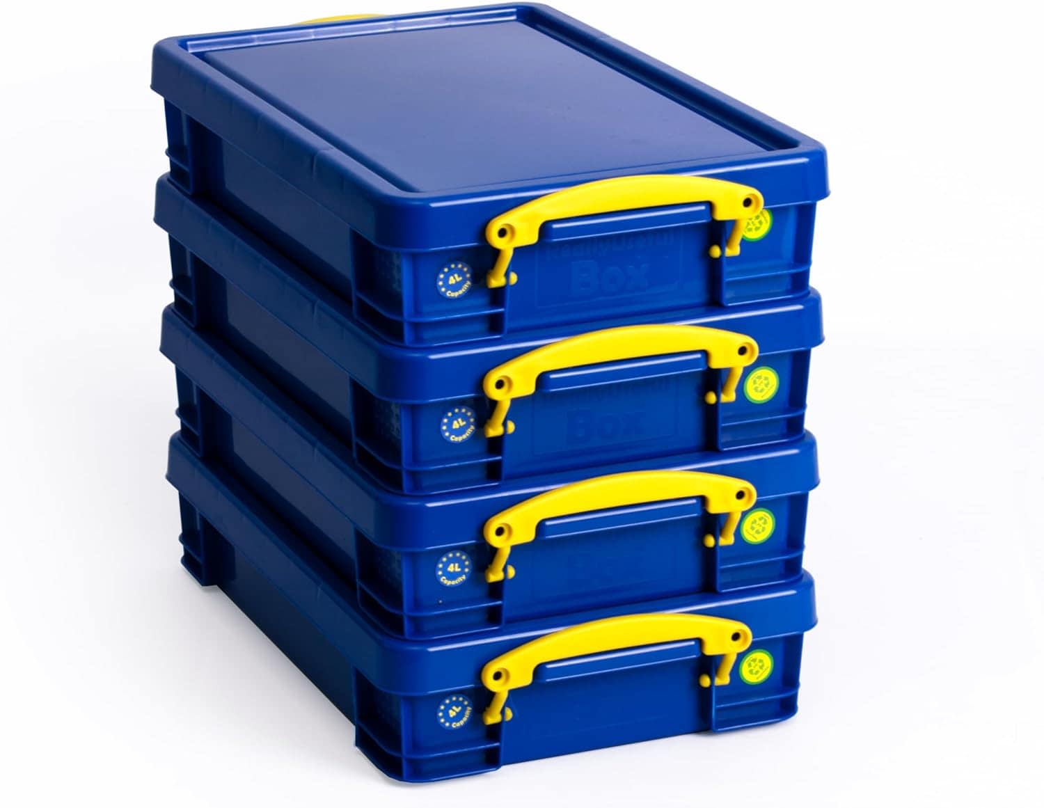 4 x Really Useful 4 Litre Storage Boxes Blue With Yellow Handle ...