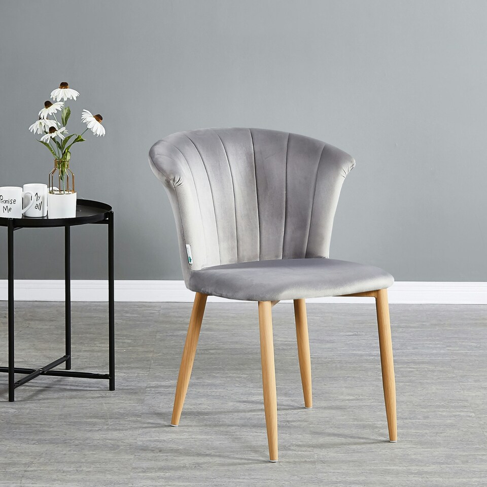 Set of 2 Elsa Velvet Dining Chairs with Wooden Legs, Curved Back ...