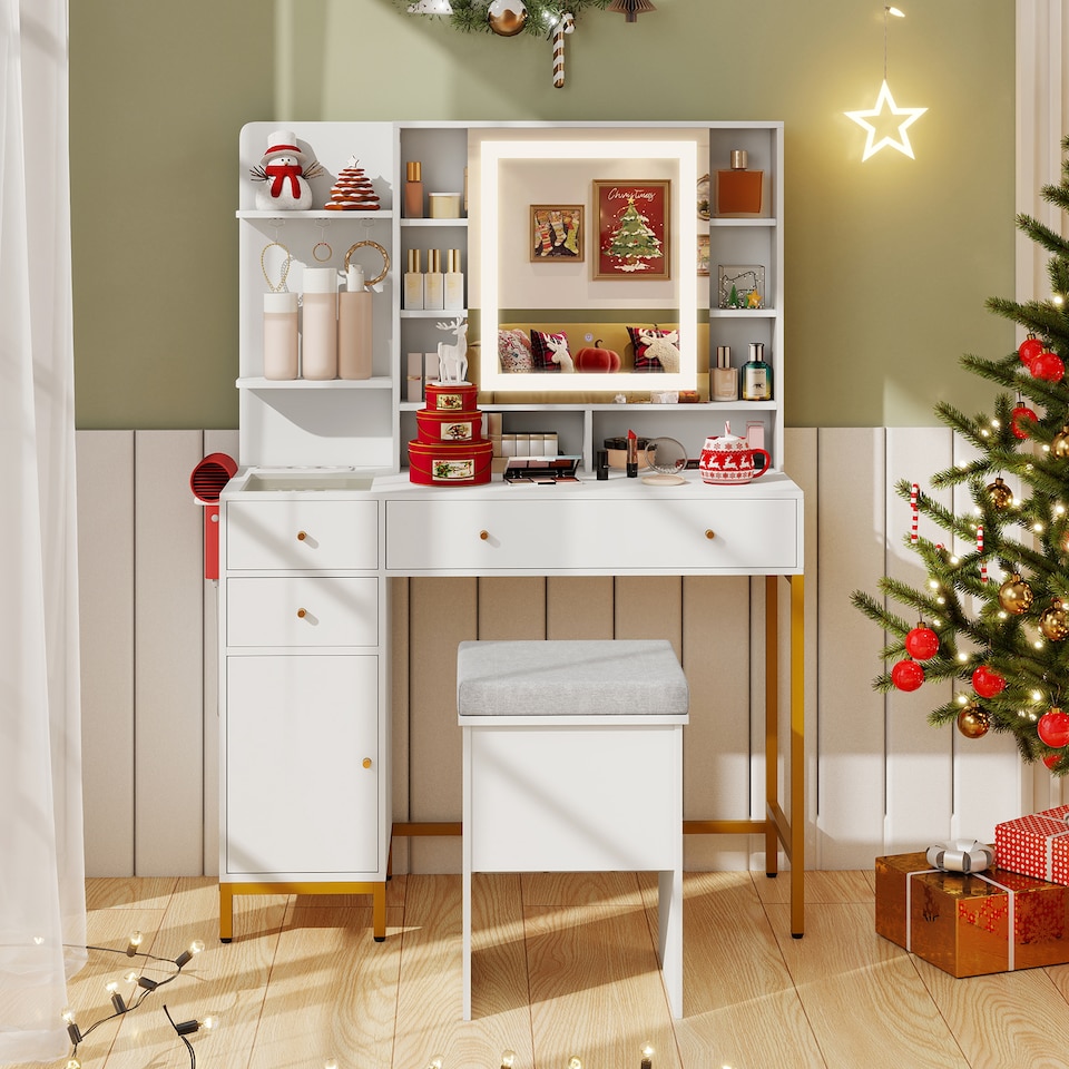 COSTWAY Makeup Vanity Desk Dressing Table & Stool Set White - Tesco ...