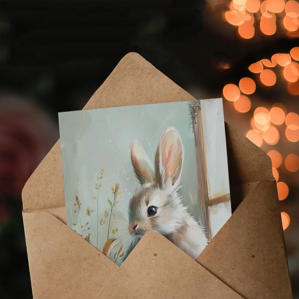 Greeting Card Cute Bunny Rabbit on Window Sill Rustic Painting - Tesco ...