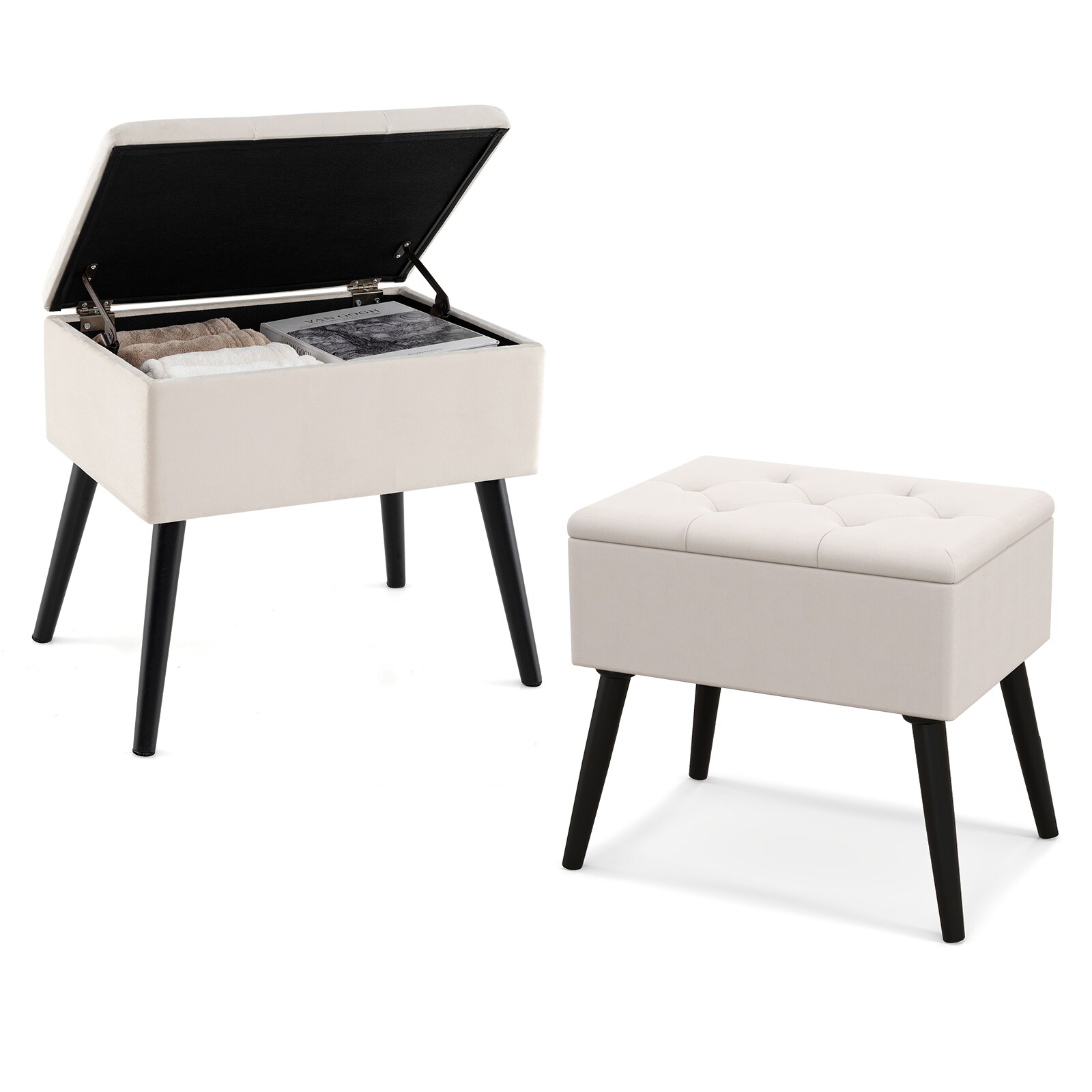 COSTWAY Velvet Storage Ottoman Flip Top Stool Solid Wood Legs Beige ...