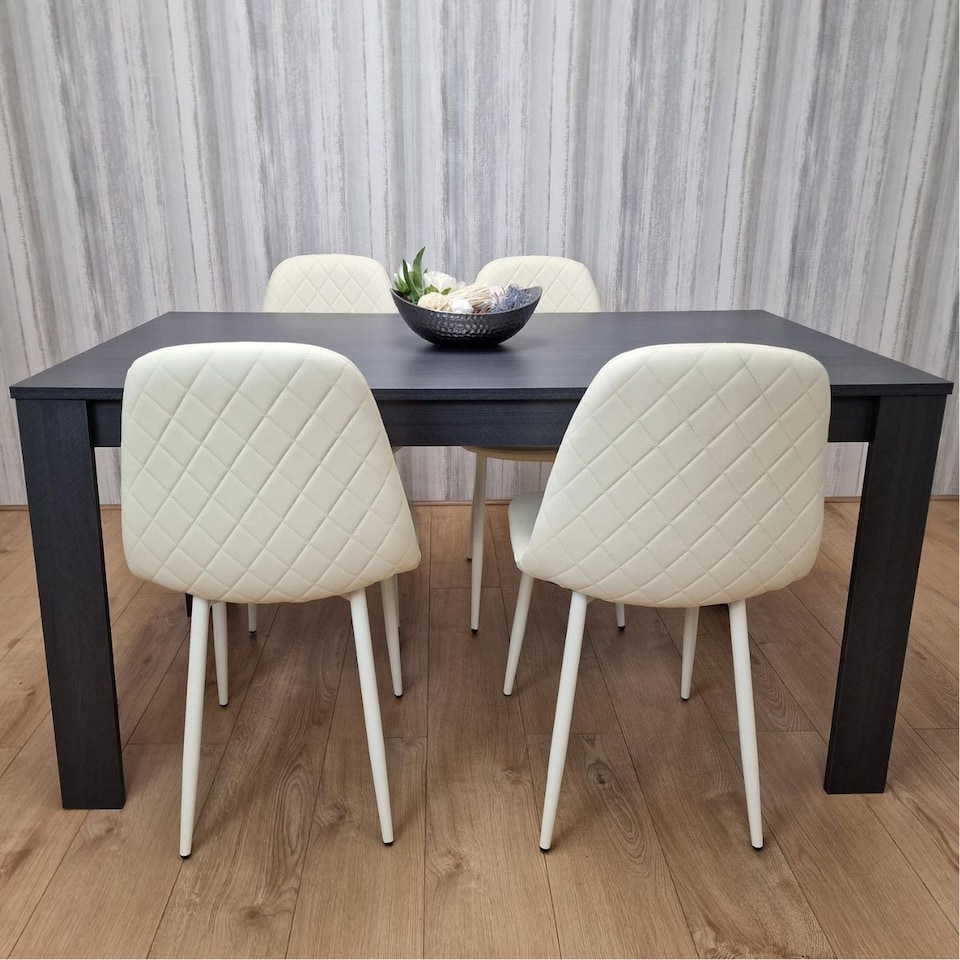 Modern Charcoal Dining Table Set with 4 Cream Gem Pattern Chairs Dining ...