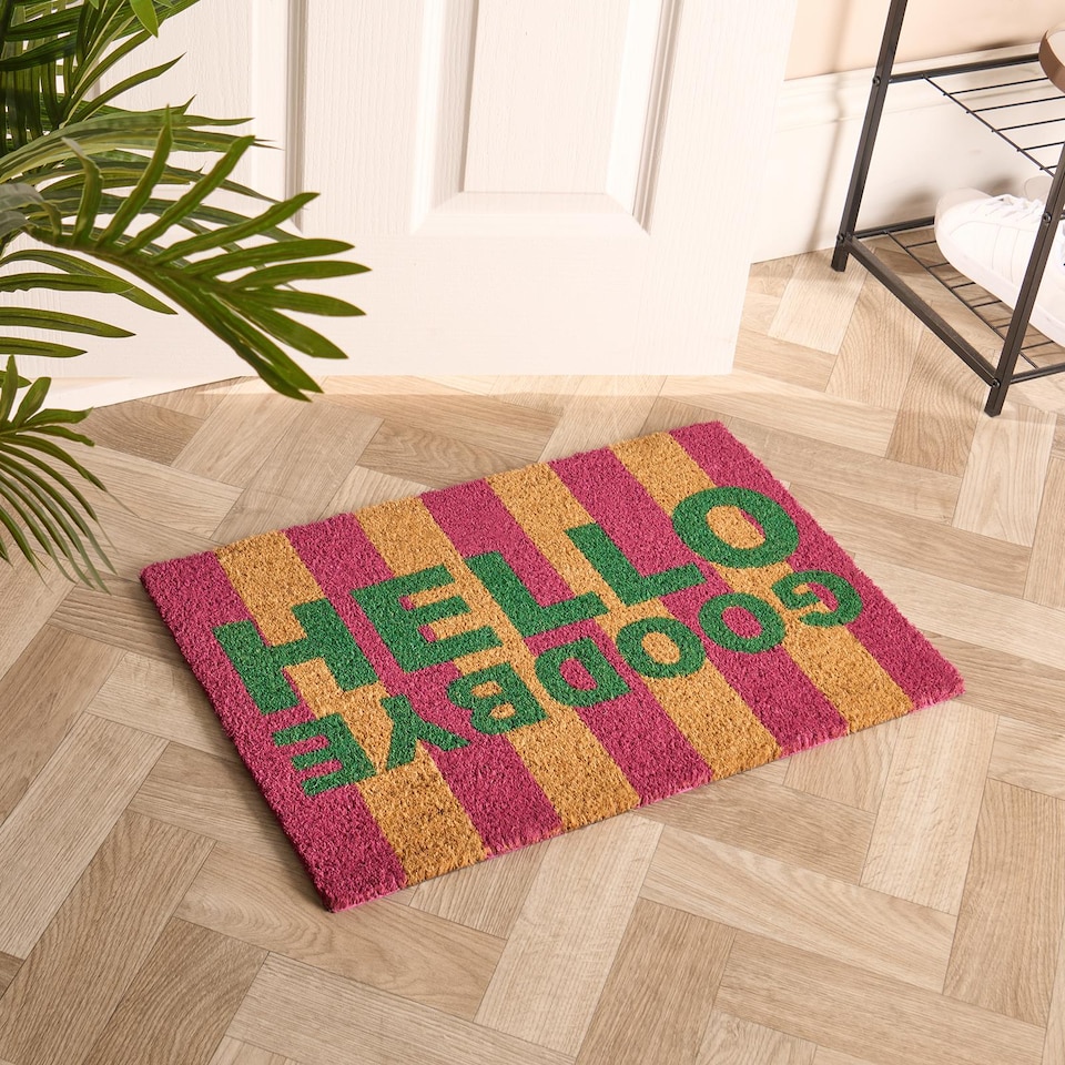 OHS Stripes Coir Doormat Hello Goodbye Slogan Non Slip Door Rug | Multi ...