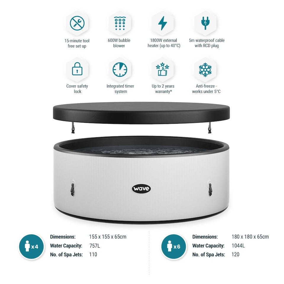 Wave Ontario 6 Person Drop Stitch Inflatable Hot Tub, Herringbone White ...
