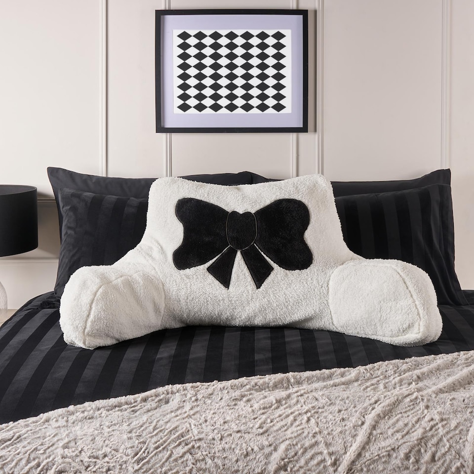 OHS Embroidered Bow Cuddle Cushion Teddy Fleece Reading Pillow | White ...