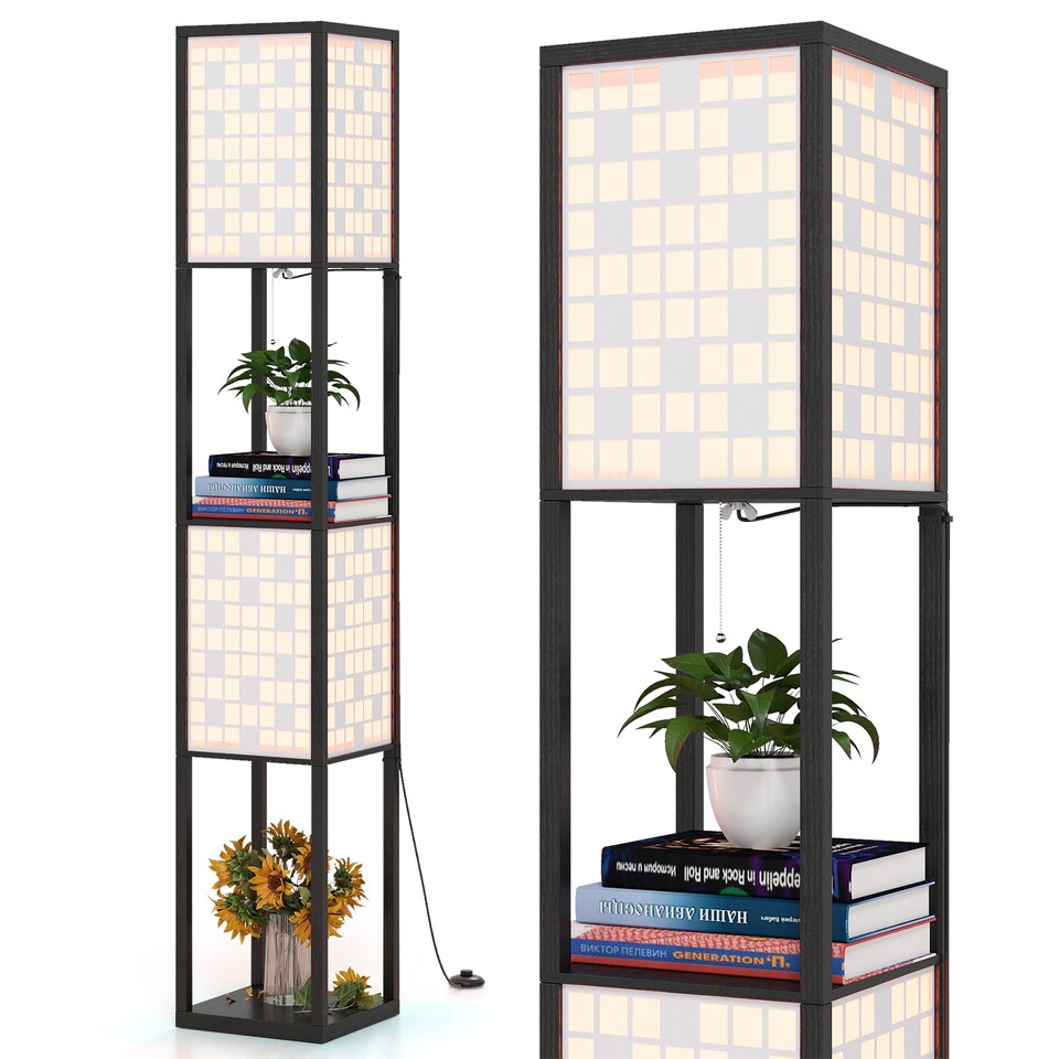 COSTWAY 2 Light Floor Lamp Wooden Shelf Lamp with Shelves Black - Tesco ...