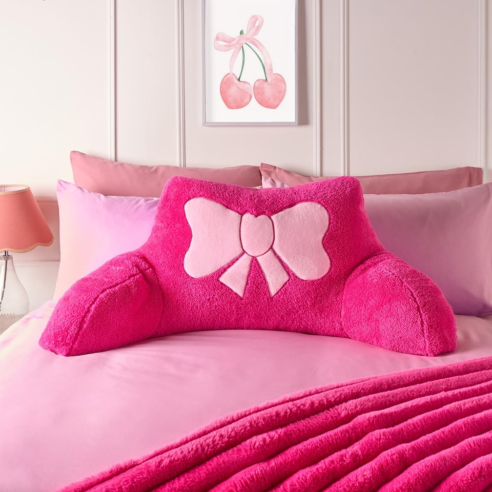 OHS Embroidered Bow Cuddle Cushion Teddy Fleece Reading Pillow | Pink ...