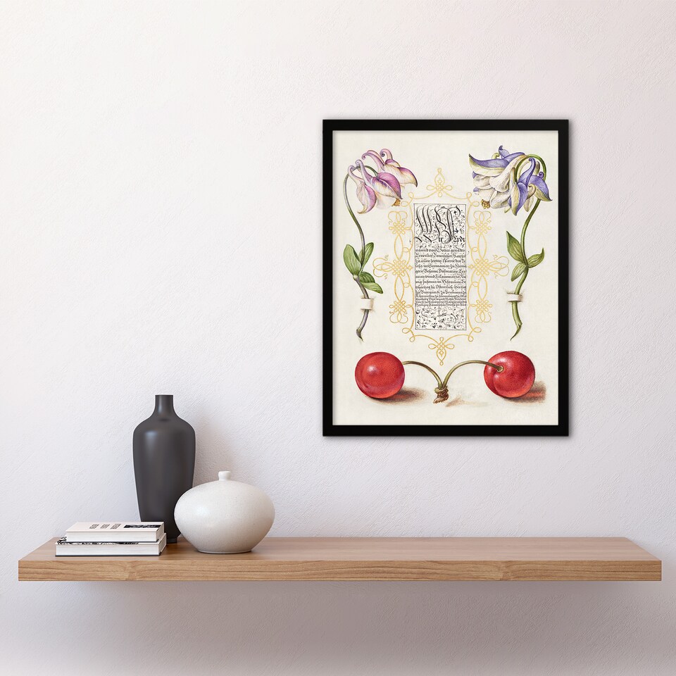 Model Book of Calligraphy Framed Wall Art Columbines and Sweet Cherries ...