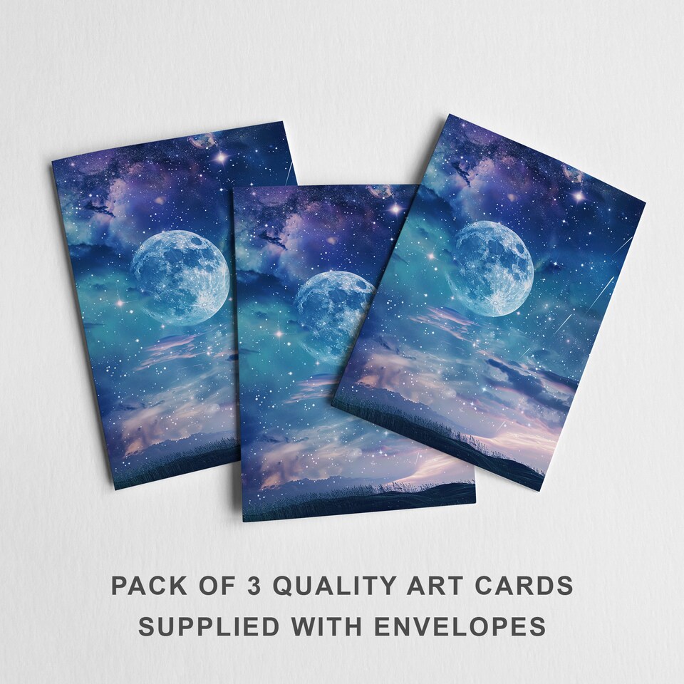 Dreamy Full Moon Greeting Card Surreal Starscape Any Occasion Set of 3 ...