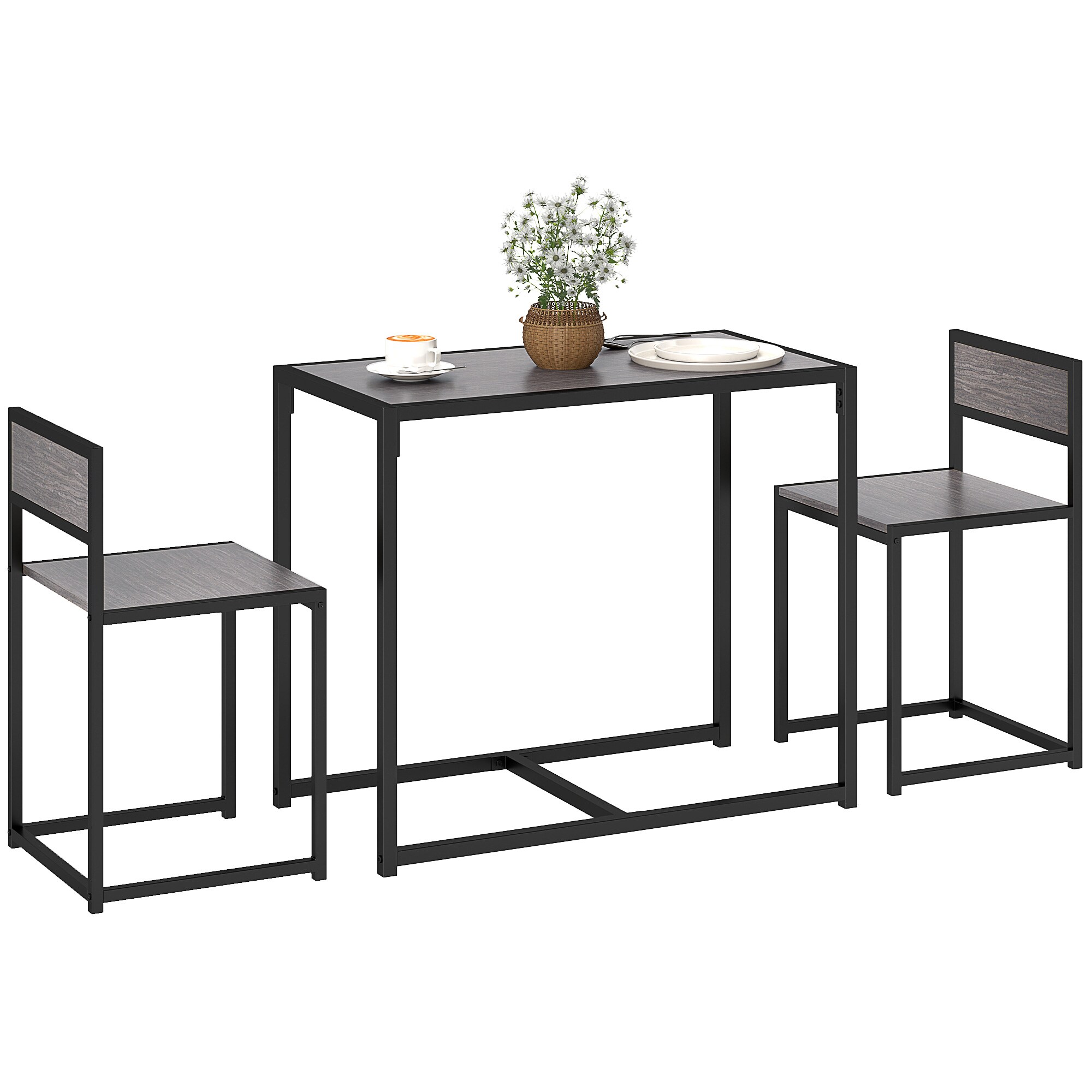 HOMCOM 3 Piece Dining Table Set with Metal Frame Grey Wood-Effect ...