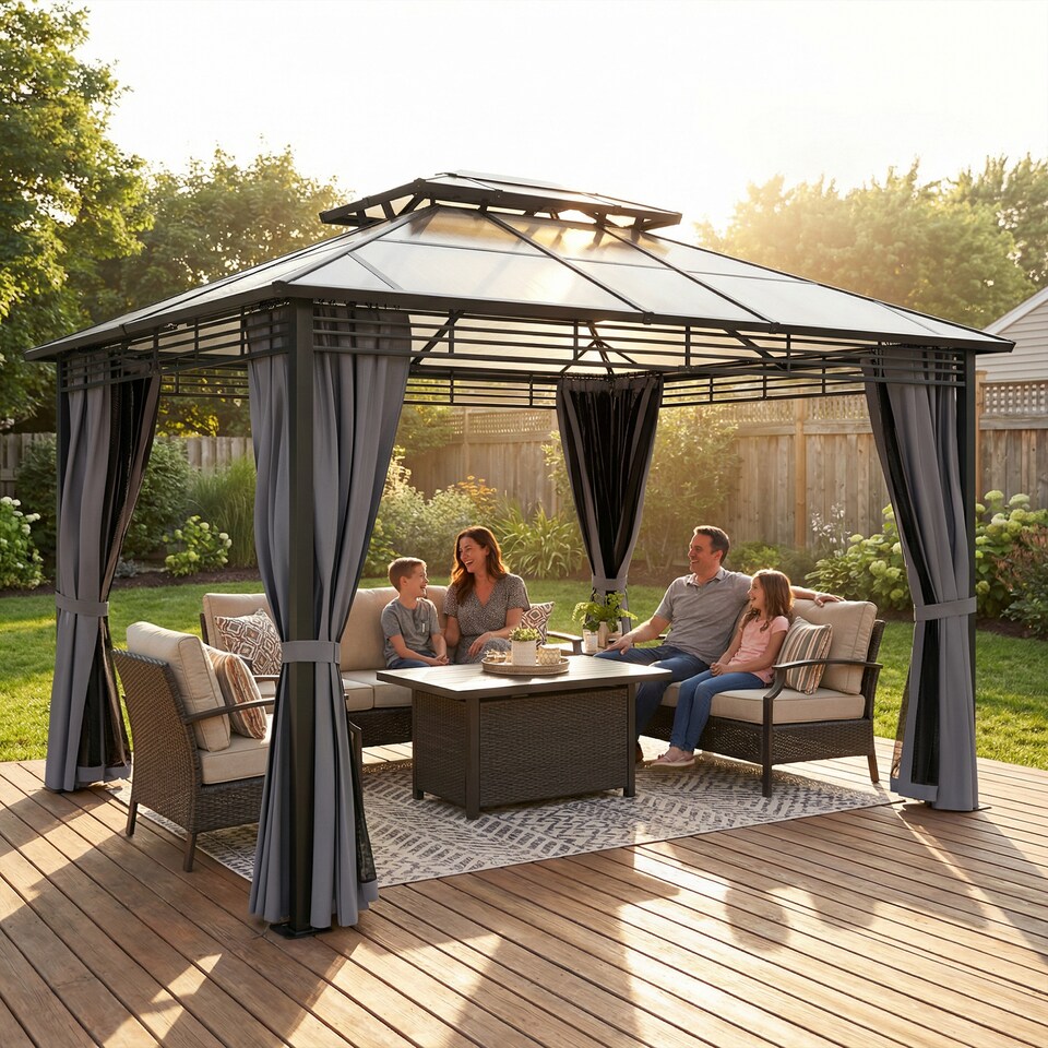 Outsunny 3 x 3.6 m Hardtop Gazebo with Sides, 2-Tier Roof Garden Gazebo ...