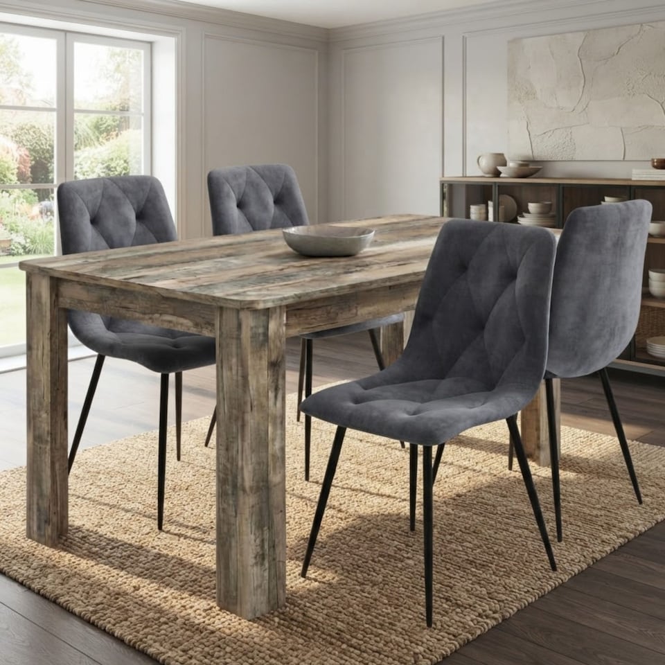 Padded Velvet Dining Set with Rustic Wood Effect Table and 4 Dark Grey ...