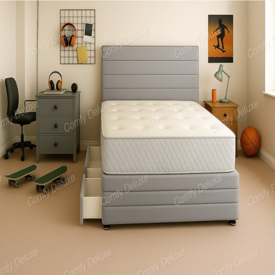 Silver Jin Plush Lined 4ft Small Double Divan Bed Set Headboard & Footboard - 2 Drawers Left ...