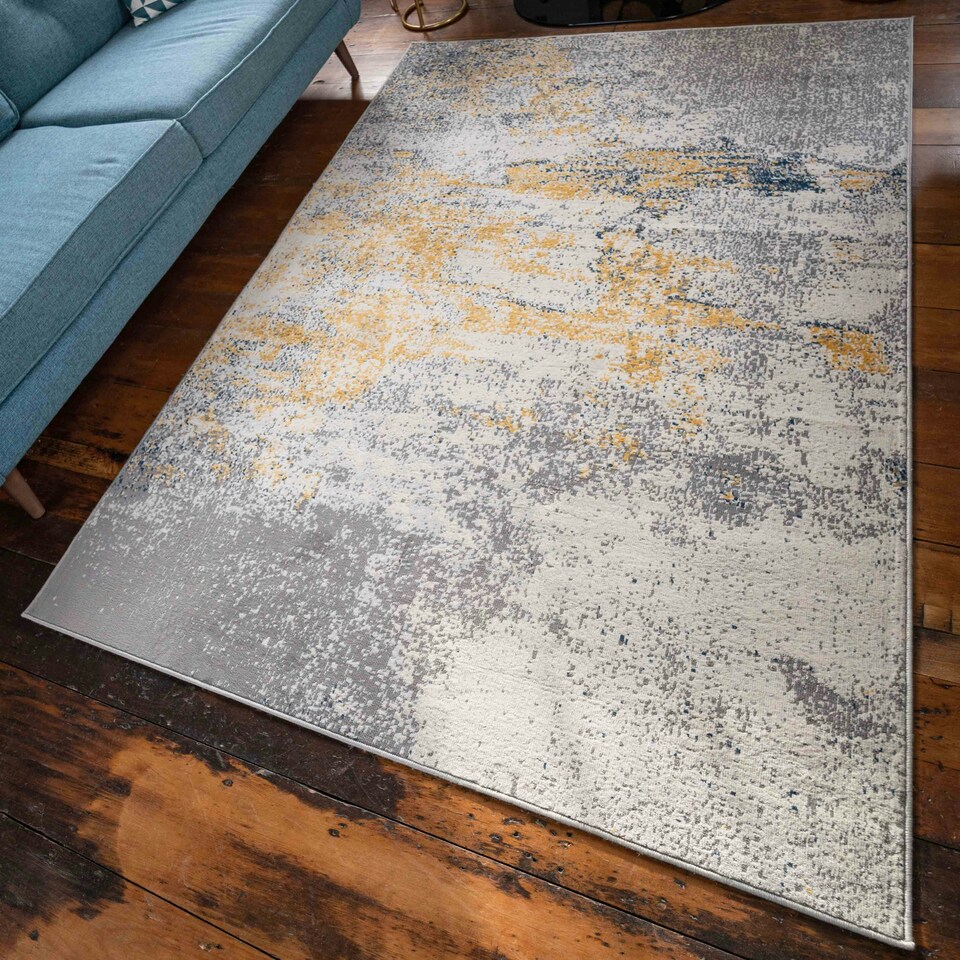 KUKOON Grey Ochre Yellow Distressed Abstract Living Area Rug 60cm x ...