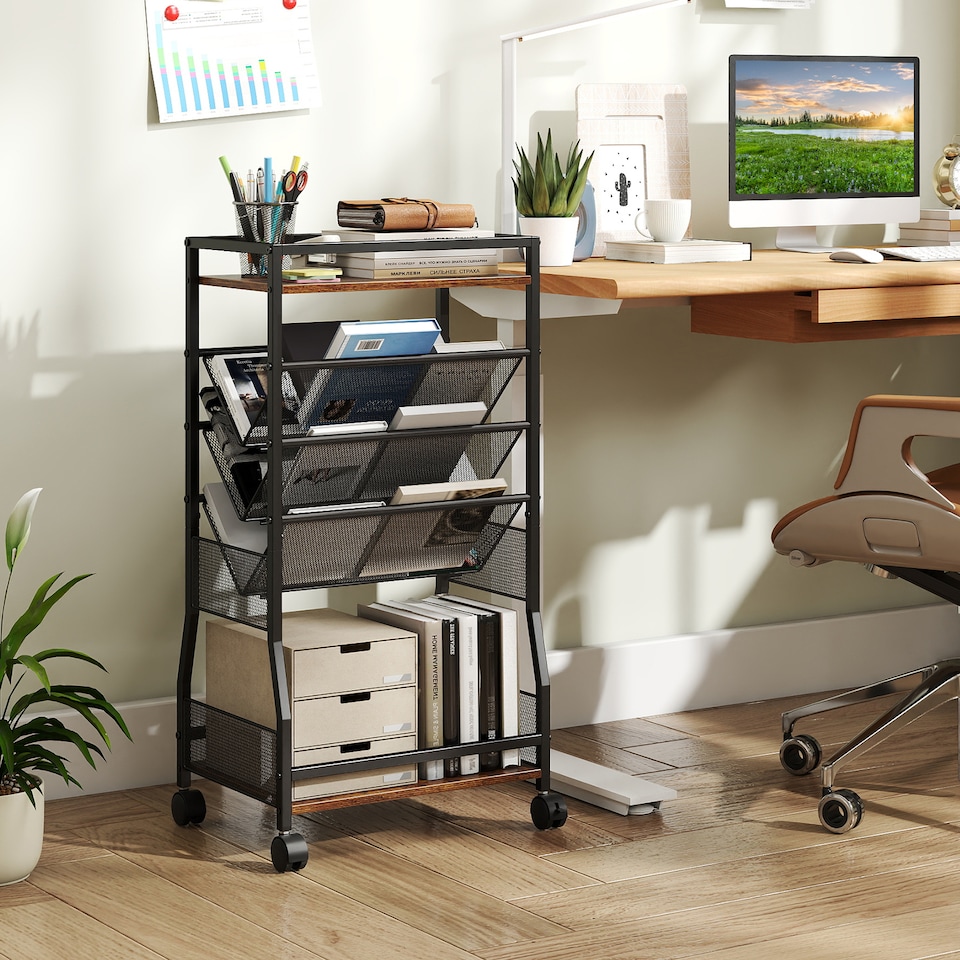 Costway Mobile Filing Cabinet Metal Mesh File Organizer Wooden Top ...