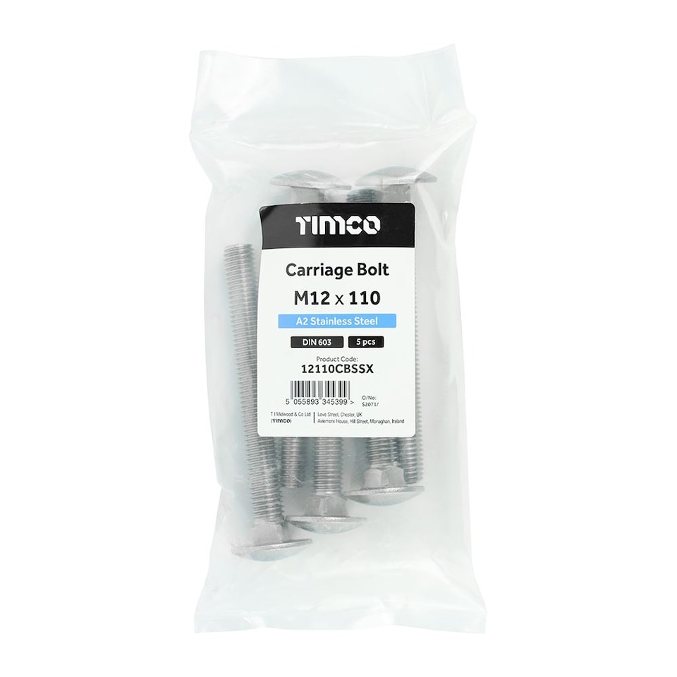 Timco - Carriage Bolts - A2 Stainless Steel (Size M12 x 110 - 5 Pieces ...