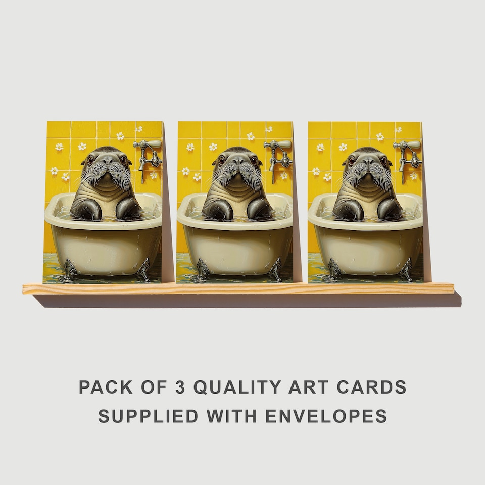Cute Walrus Bathtub Greeting Card Bathroom Animal Any Occasion Set of 3 ...