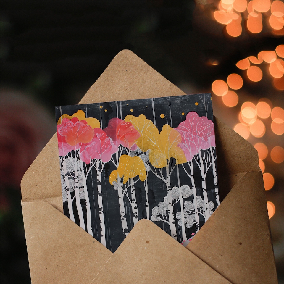 Greeting Card Colourful Birch Tree Forest River Bank Landscape - Tesco ...