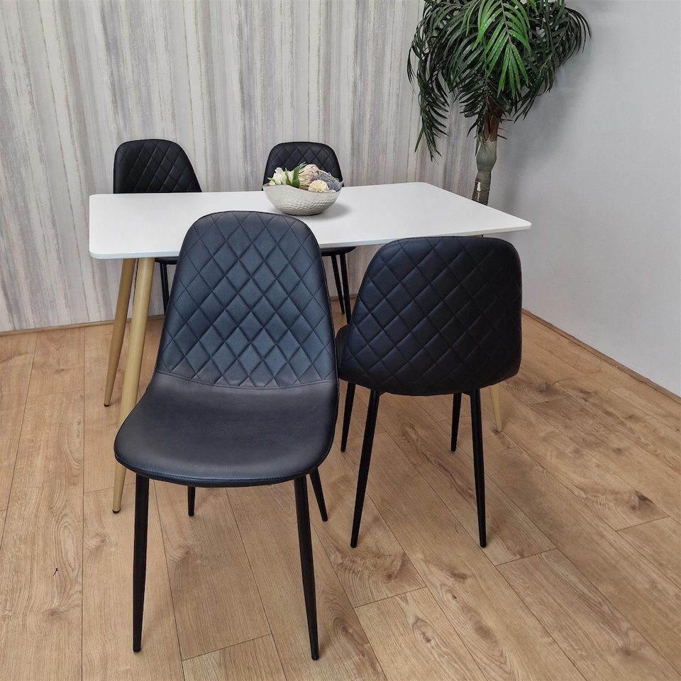 Dining Table Set of 4 Wooden White Table with 4 Black Faux Leather ...