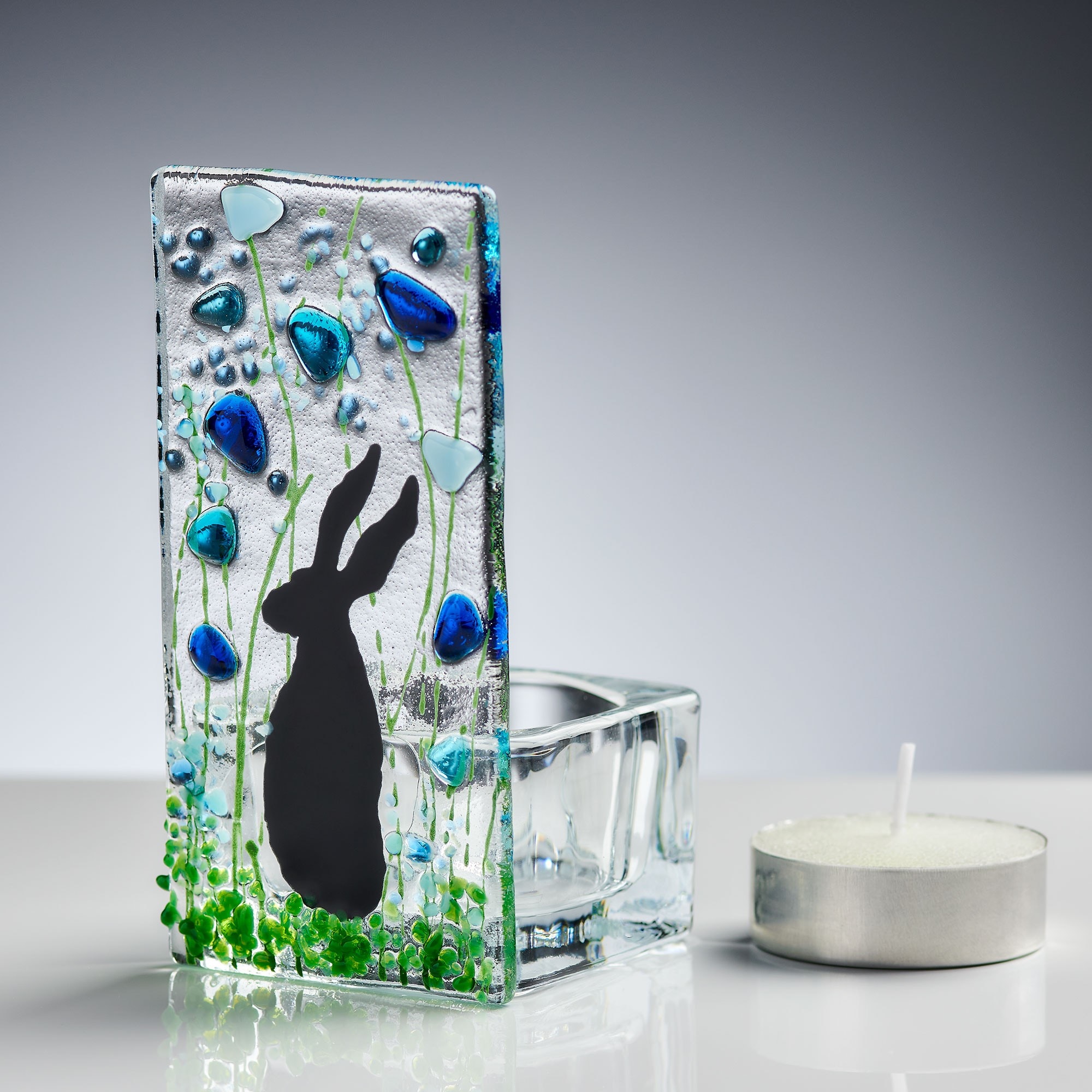 Fused Glass Tea Light Holder – Hare & Forget Me Not Design (Handmade ...