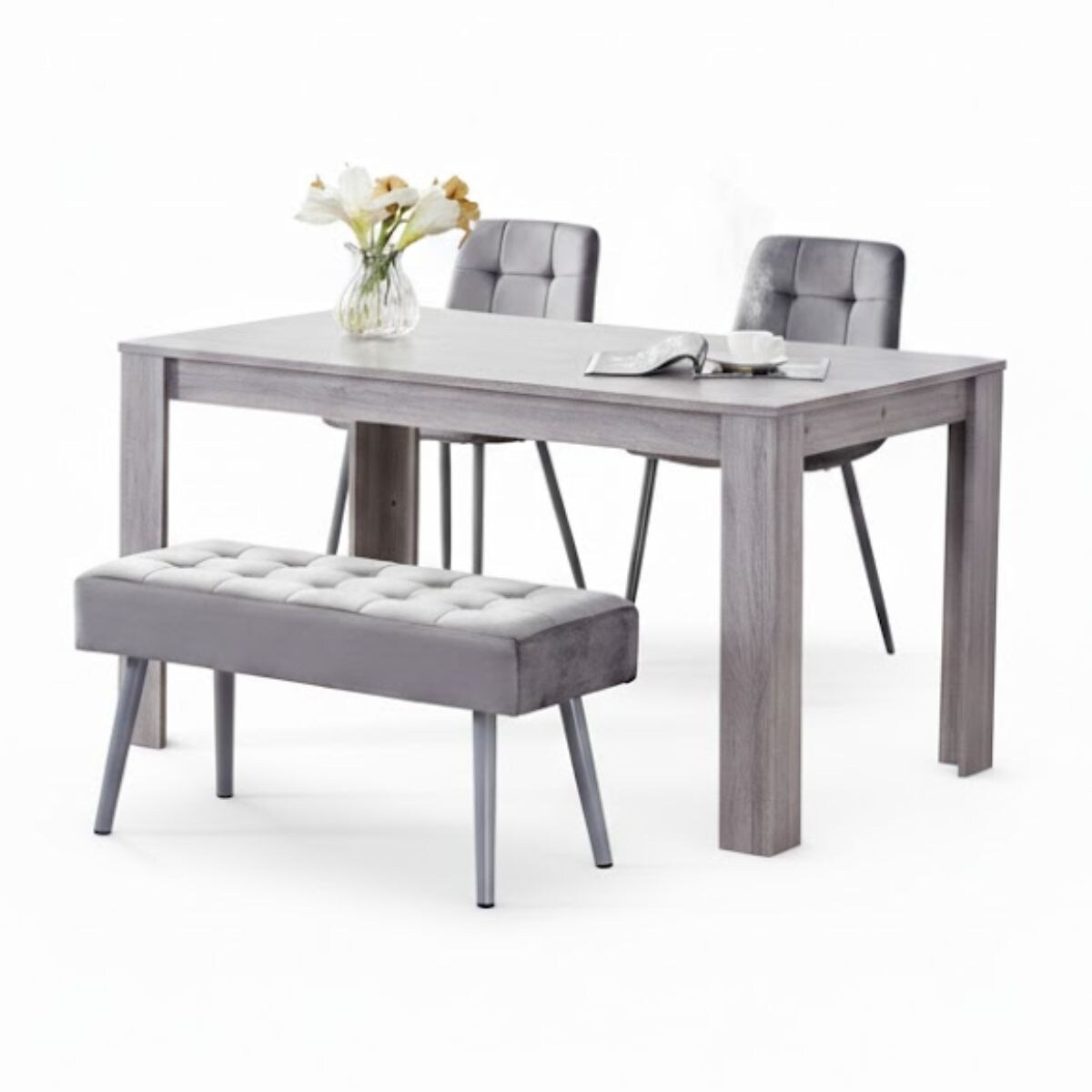 Grey Dining Table with 2 Velvet Chairs and Bench Dining Set Furniture ...