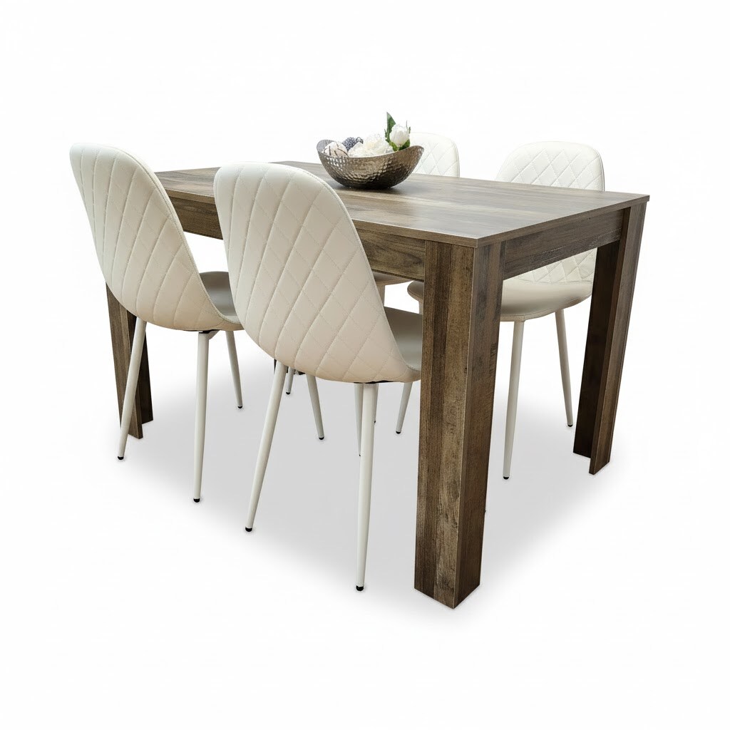 Rustic Wooden Dining Table with 4 Cream Gem Patterned Chairs Dining ...