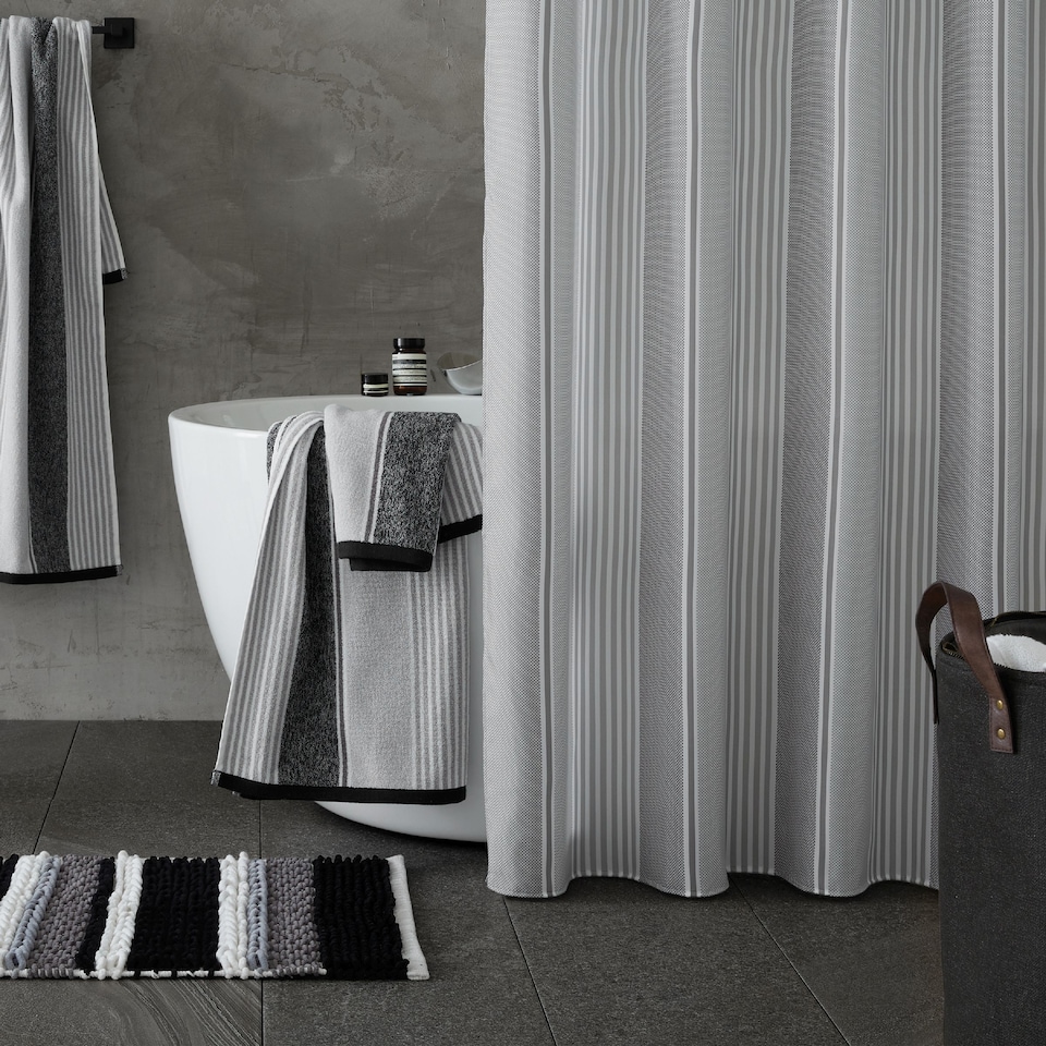 Catherine Lansfield Textured Stripe Shower Curtain | Silver | Silver ...