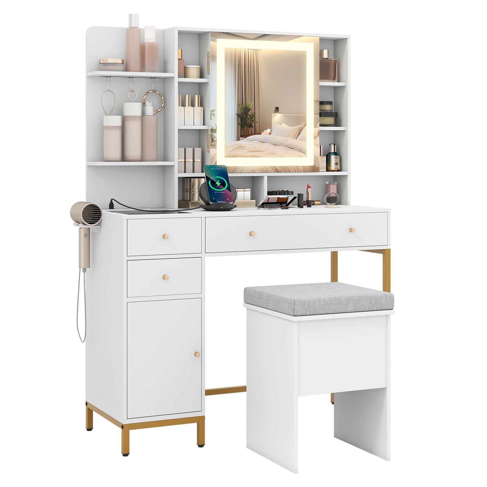 COSTWAY Makeup Vanity Desk Dressing Table & Stool Set White - Tesco ...