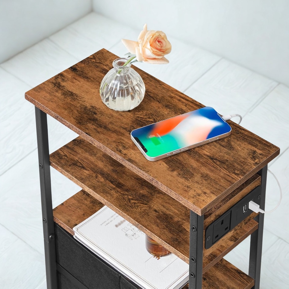 Industrial Slim Side End Table With Charging Station and Drawers ...